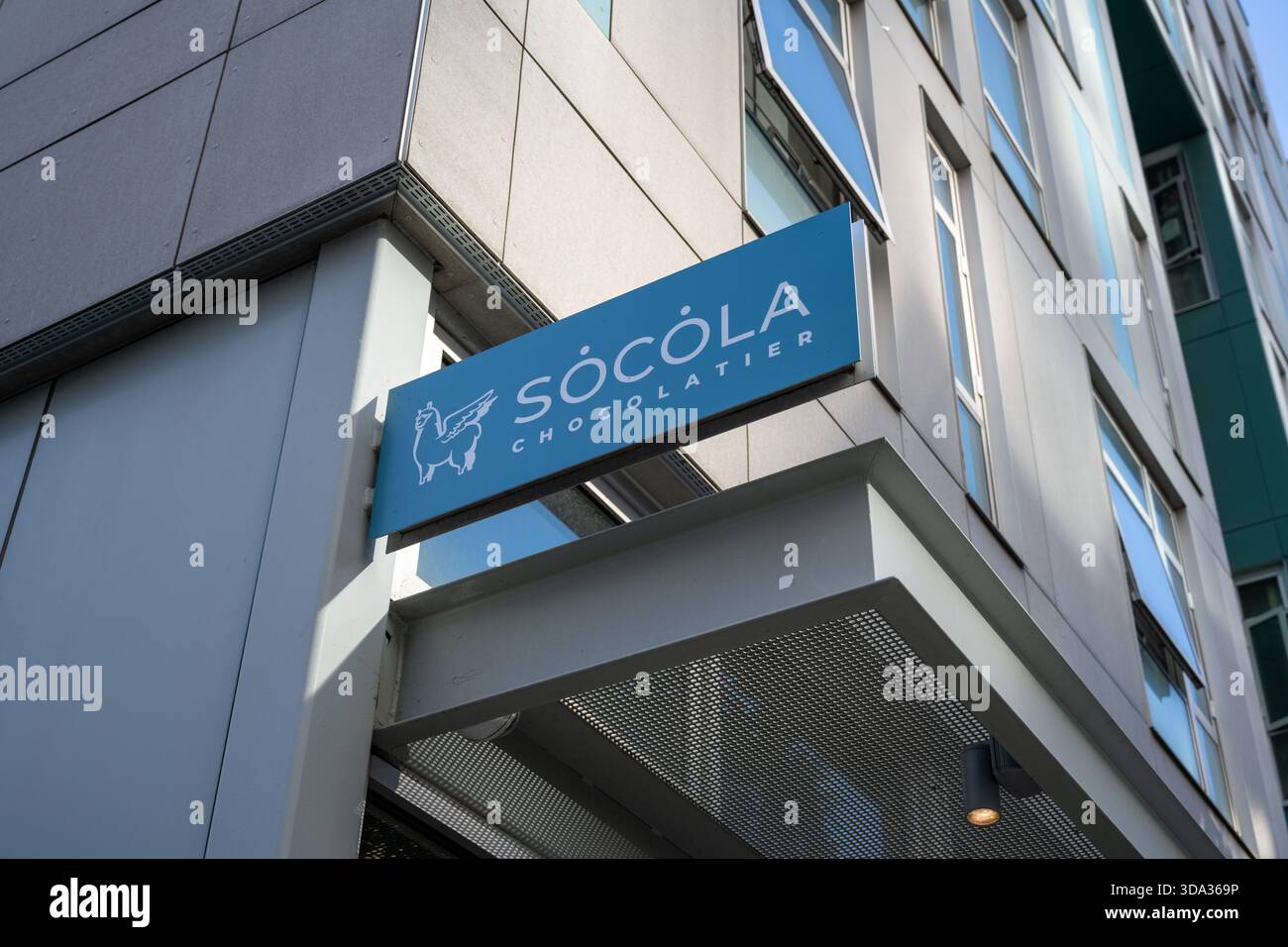 Exterior sign for Socola Chocolatier on modern building facade, San ...