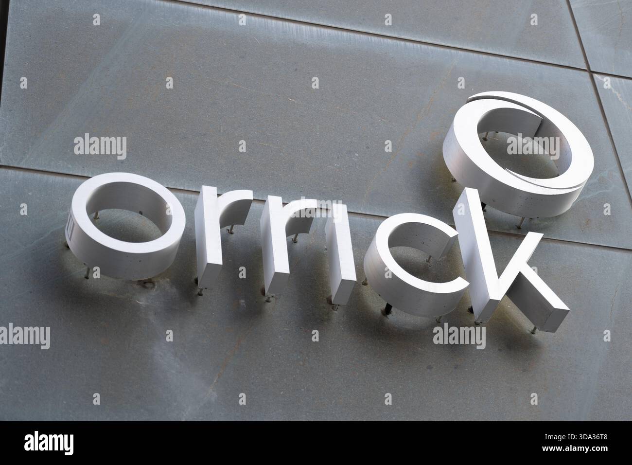 Close-up of Orrick office building signage on exterior wall, San ...