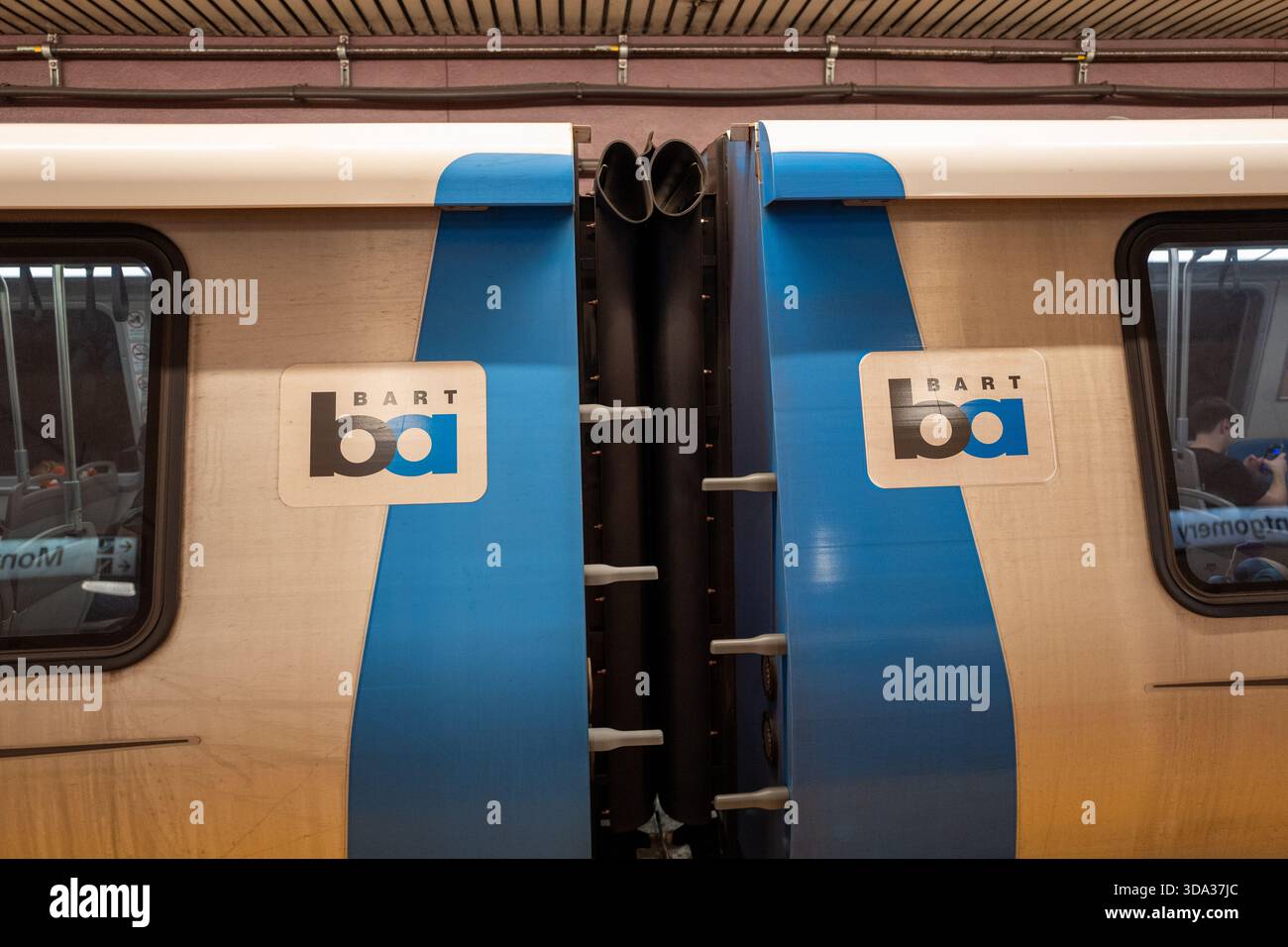 Close-up of BART logos on train at Montgomery Street station, San ...