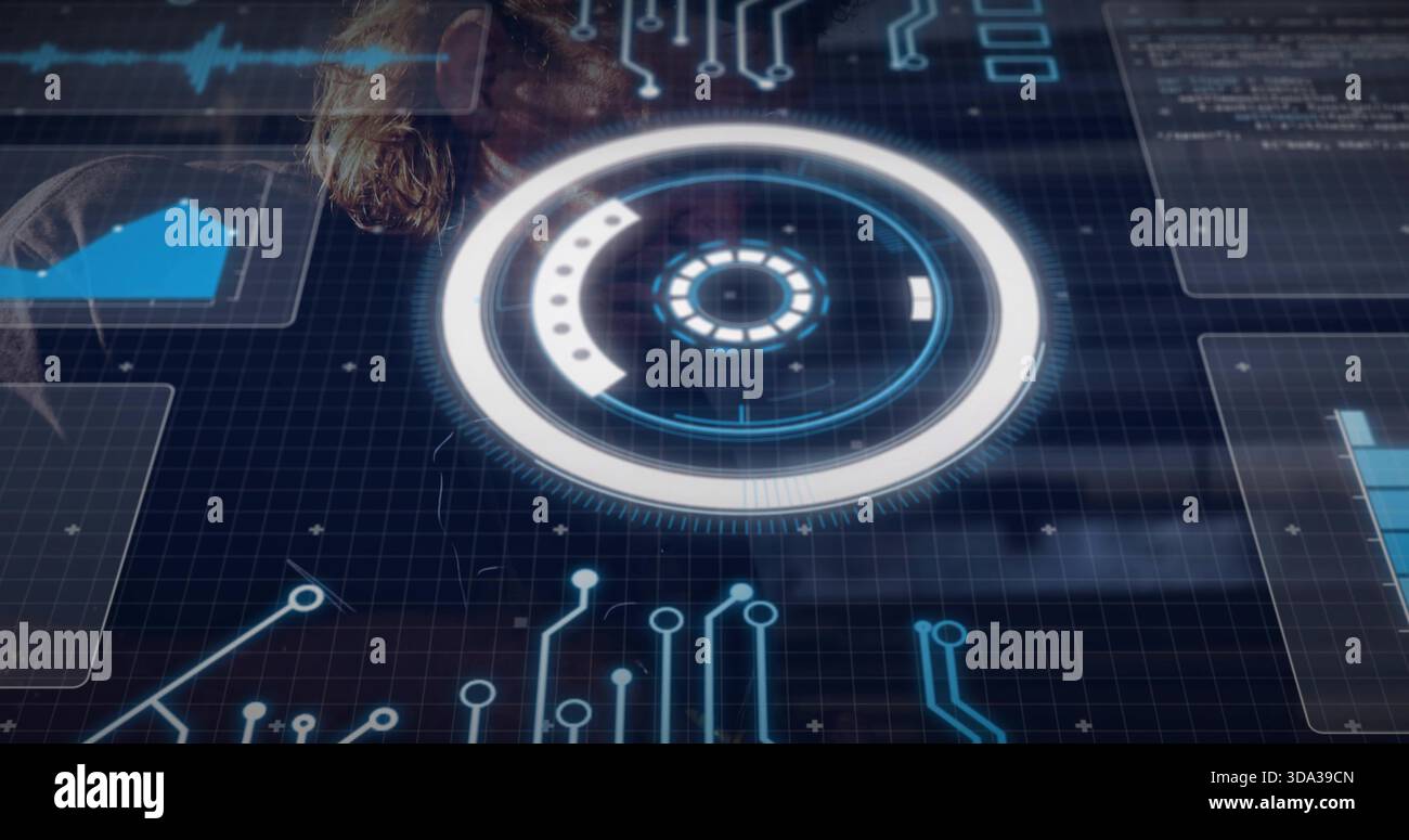 Projecting circular HUD over glass table in tech lab, showing data ...
