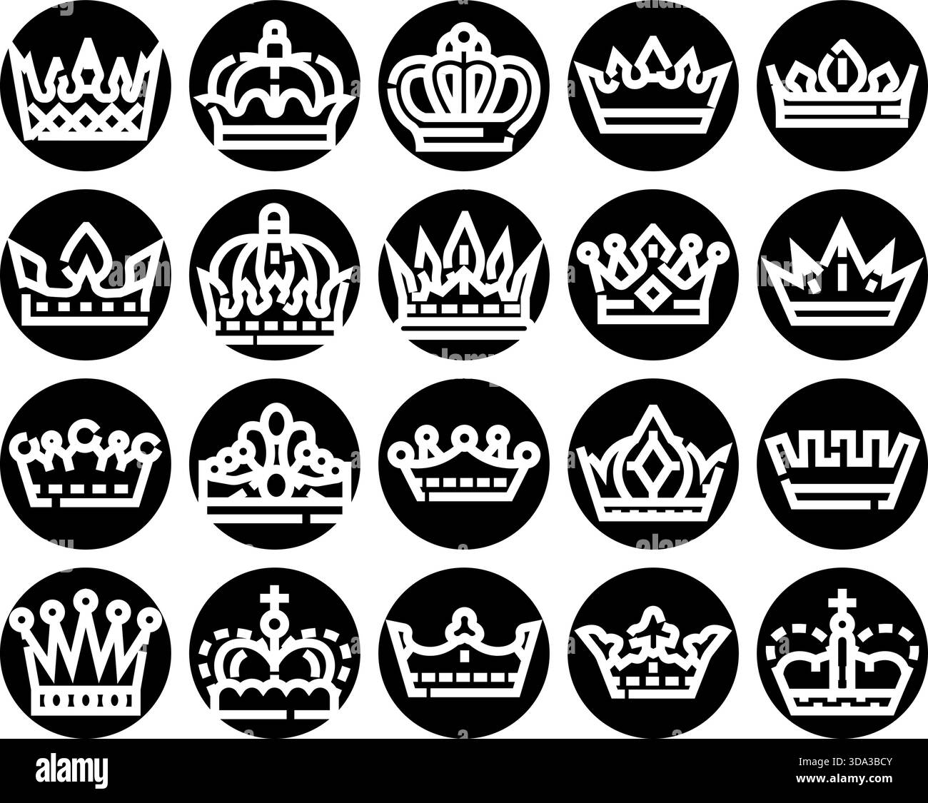 Crown icons set representing royalty and success on black background ...