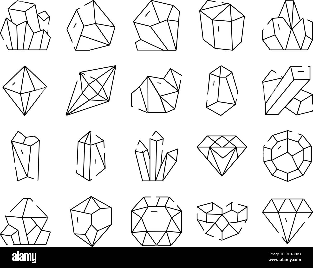 Geometric crystal minerals and gemstones outline drawing collection ...