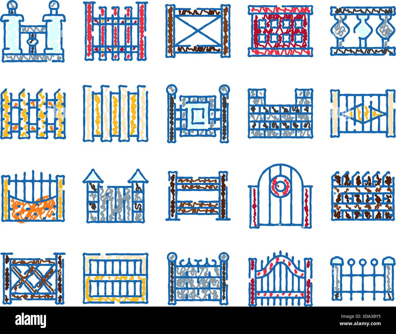Collection of stylized fences and gates doodle drawing set Stock Vector ...
