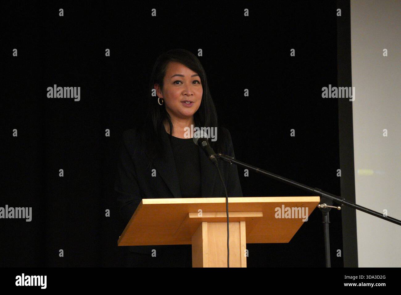 Lily Cheng, a Willowdale City Councillor, speaking on the stage at the ...