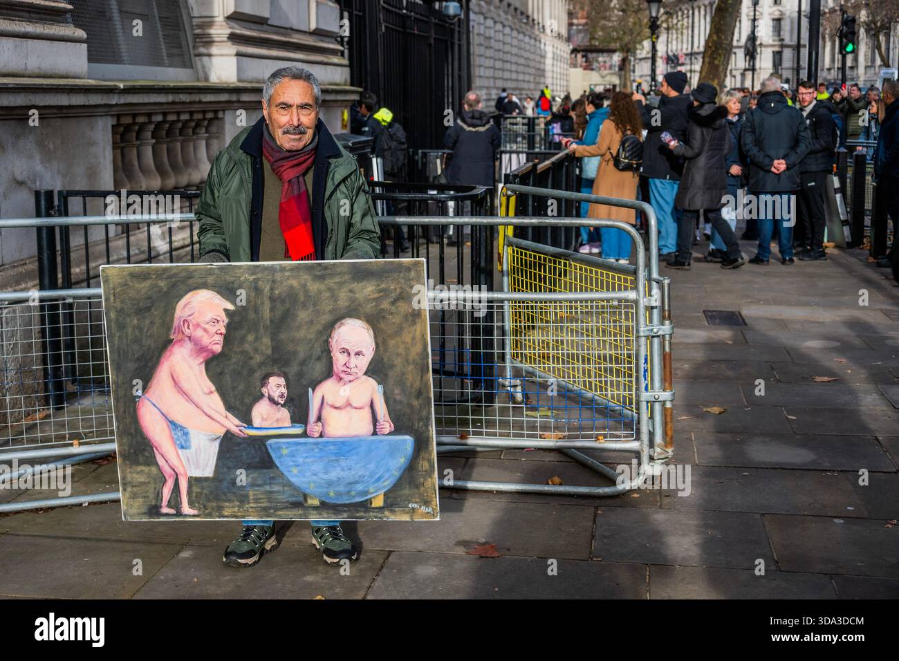 London, UK. 8th Dec, 2025. Kayar Mar with his latest satirical artwork ...