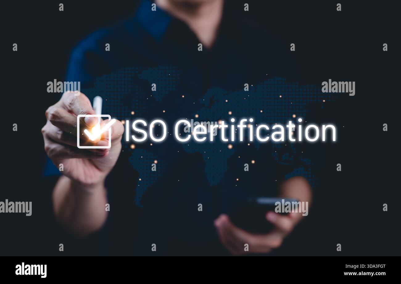 ISO certification approval concept. A person highlighting ISO ...