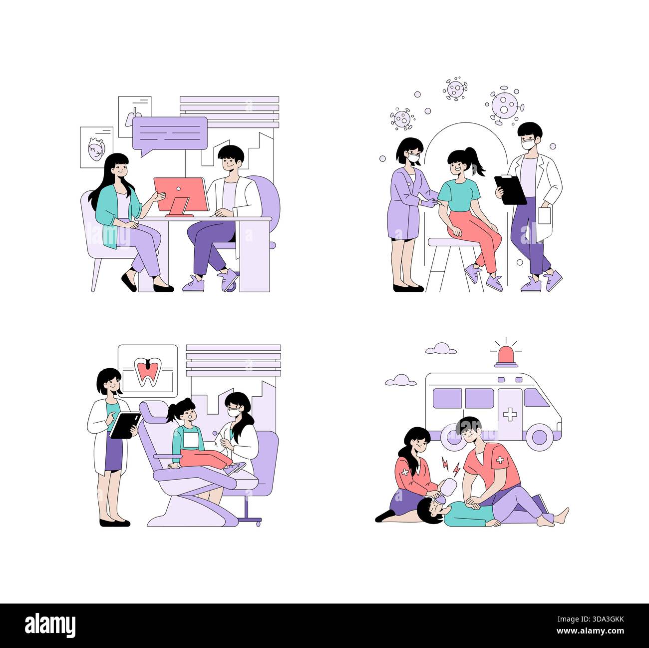 Vector illustration set depicting various healthcare scenarios ...