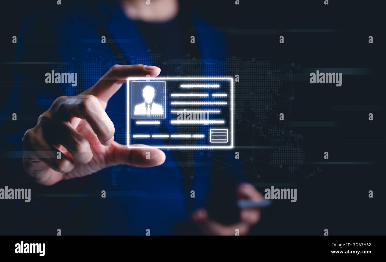 Digital identity card concept. Businessman holds glowing digital ...