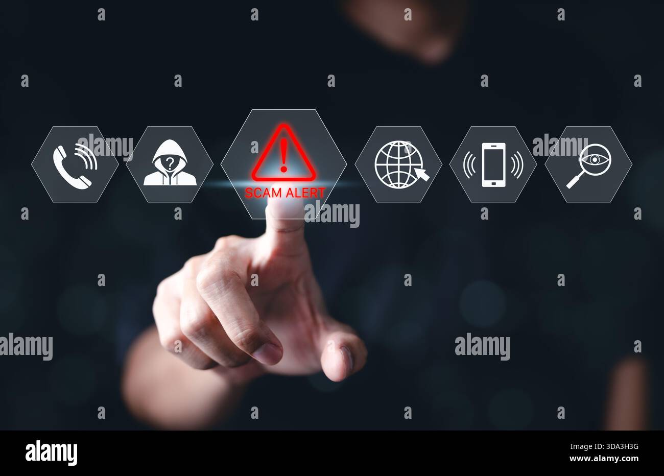 Cybersecurity scam alert warning concept. A hand interacts with a ...