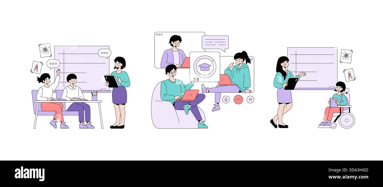 Vector illustration showing blended learning environments. Students ...