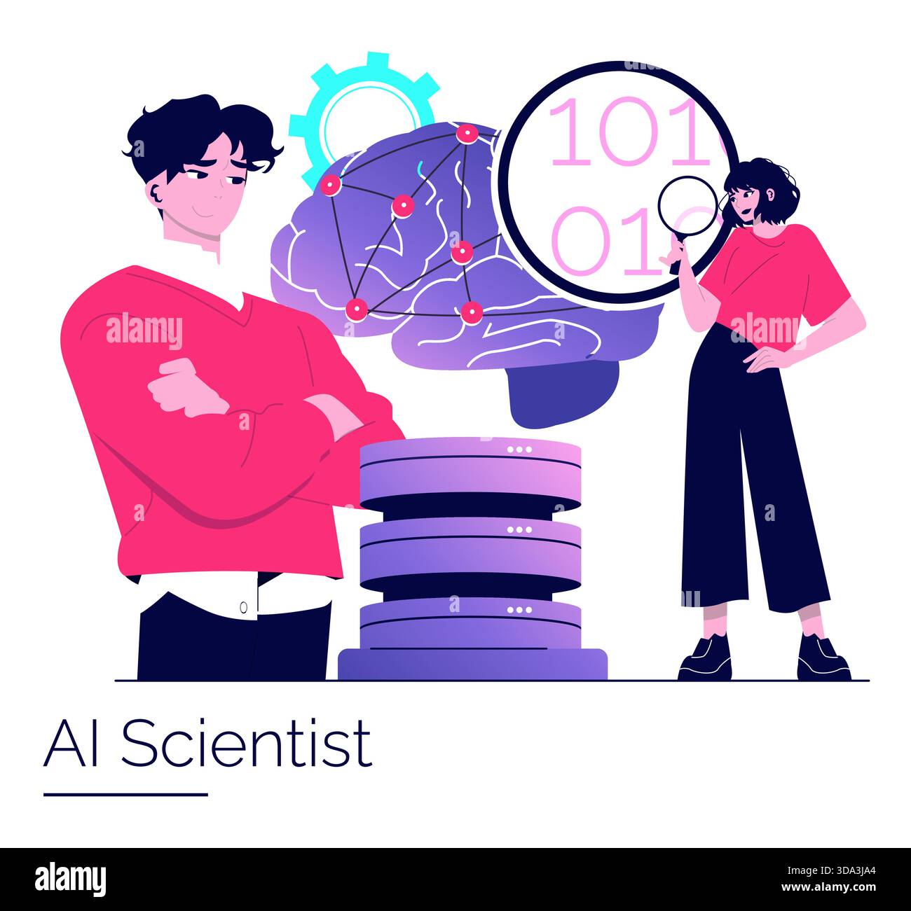 AI scientist depicted analyzing a digital brain with a magnifying glass ...