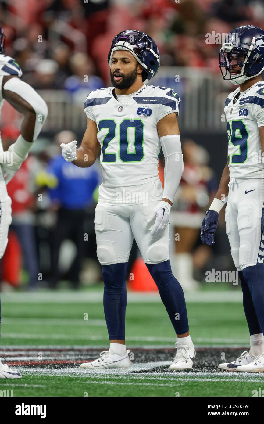 Seattle Seahawks safety Julian Love (20) during a timeout in the first ...