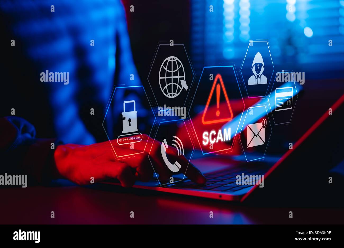 Scam Alert Warning with Cybersecurity Icons. Man holding smartphone ...