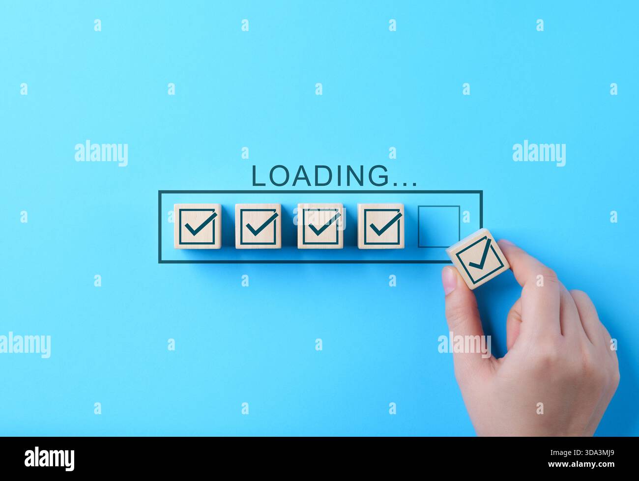 Work Progress Loading Bar with Checklist. A hand places wooden block ...