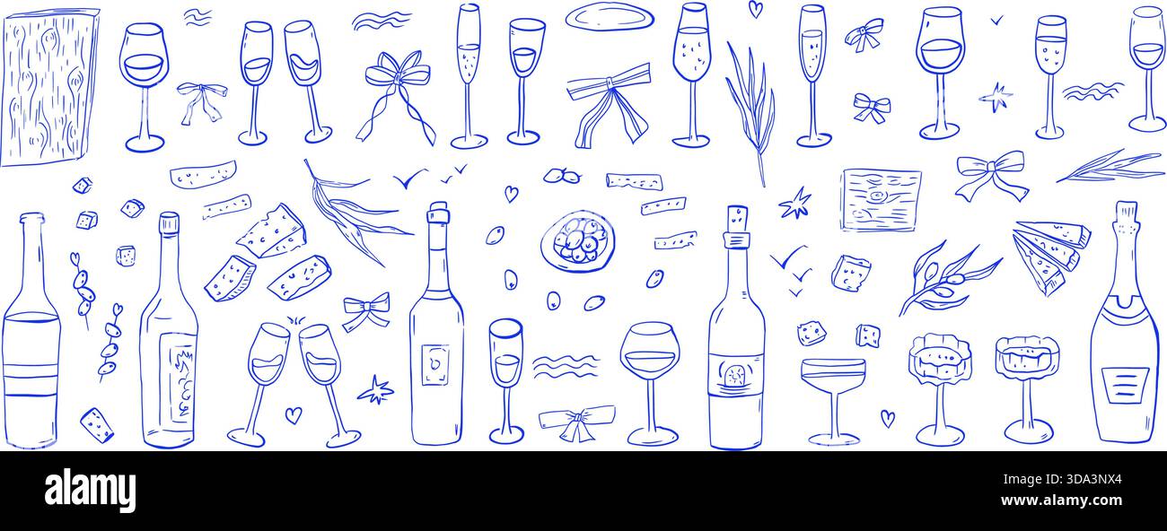 Wine, cheese doodle set. Italian hand drawn mediterranean drinks ...