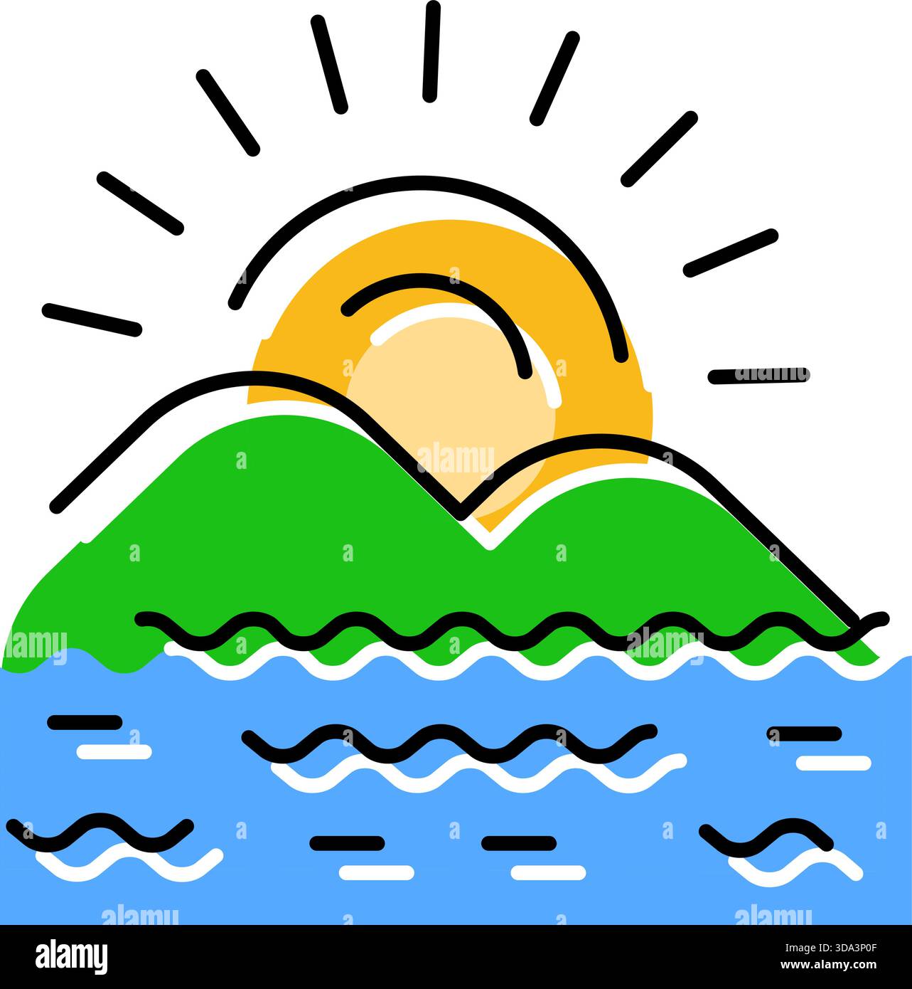 Rising sun over mountains and calm water illustration Stock Vector ...