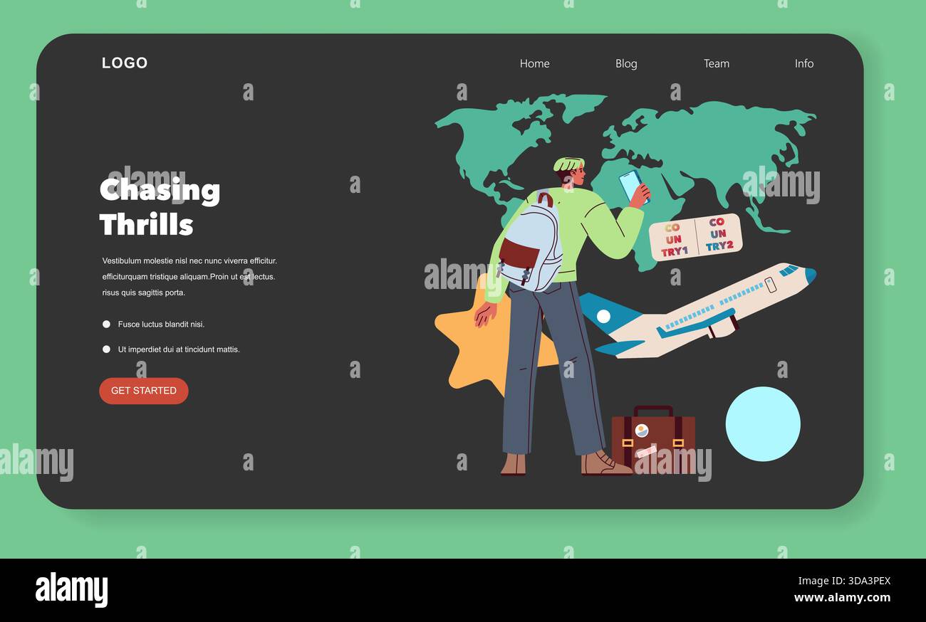 Vector illustration of a traveler with a backpack examining a world map ...