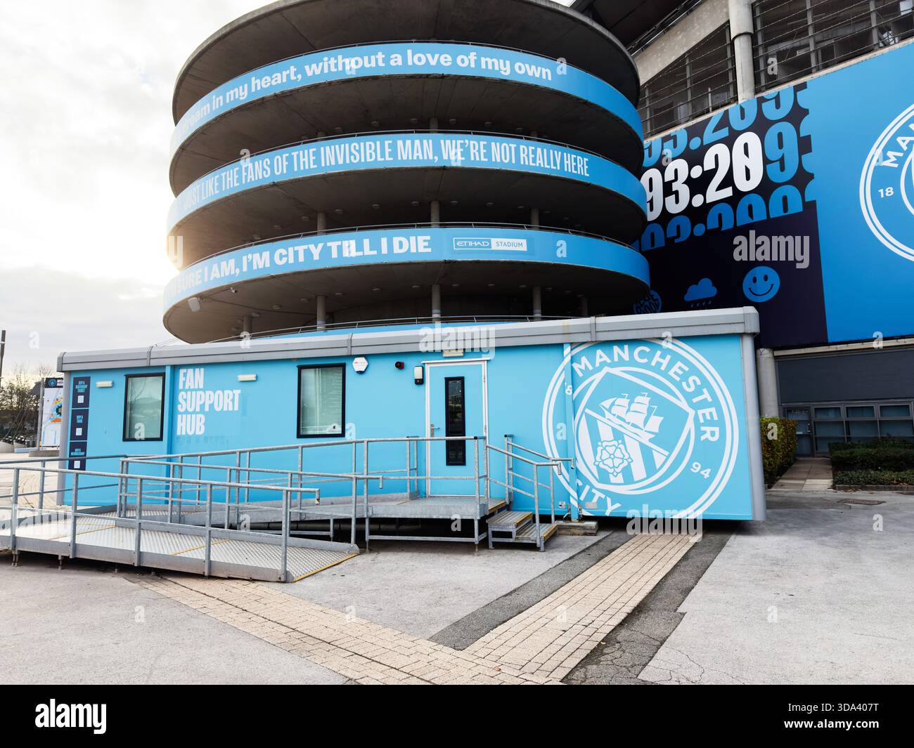 Manchester, UK - November 16, 2025: Blue circular rings and fan hub ...