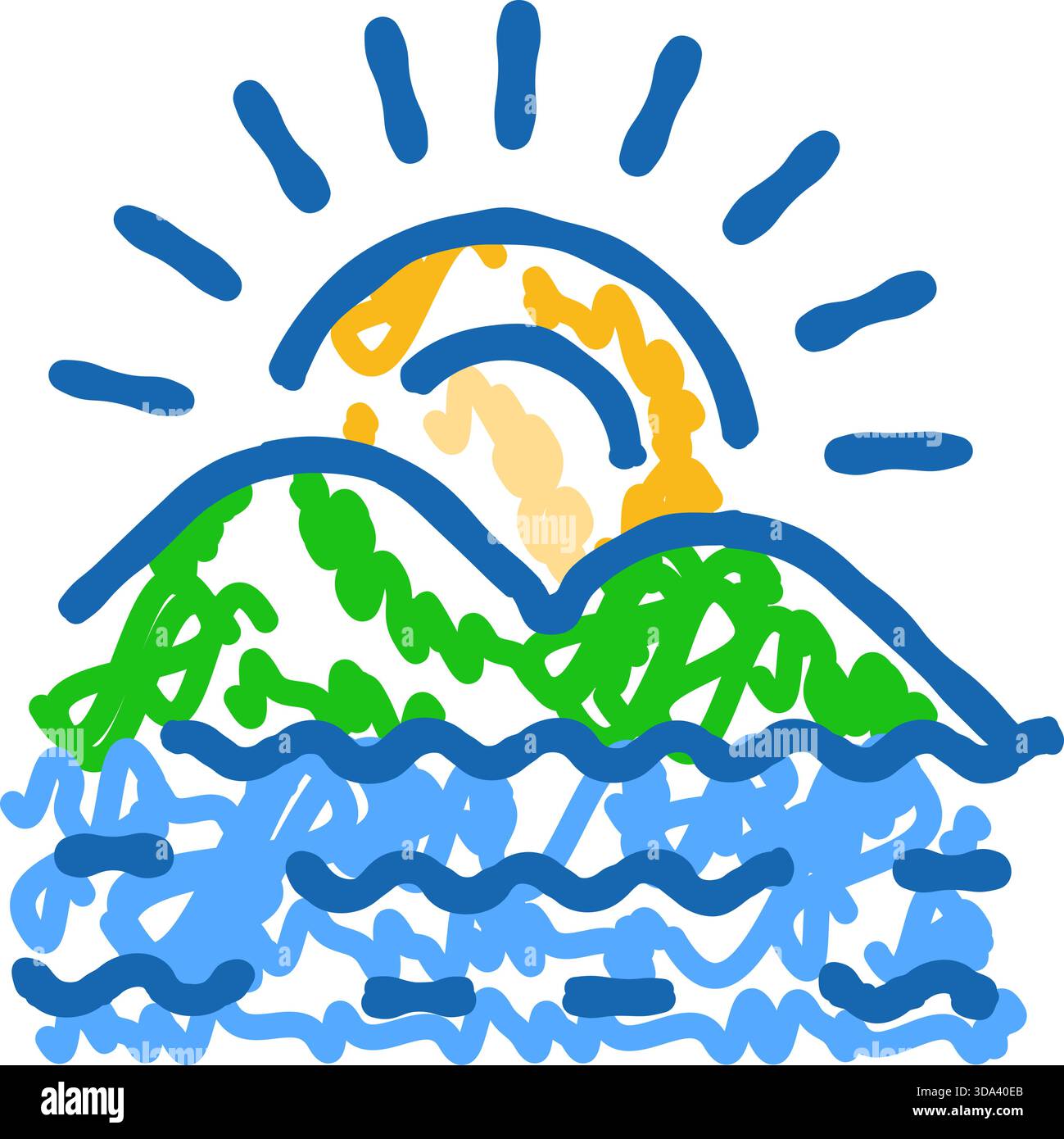 Child drawing landscape with sun rising over mountains and sea Stock ...