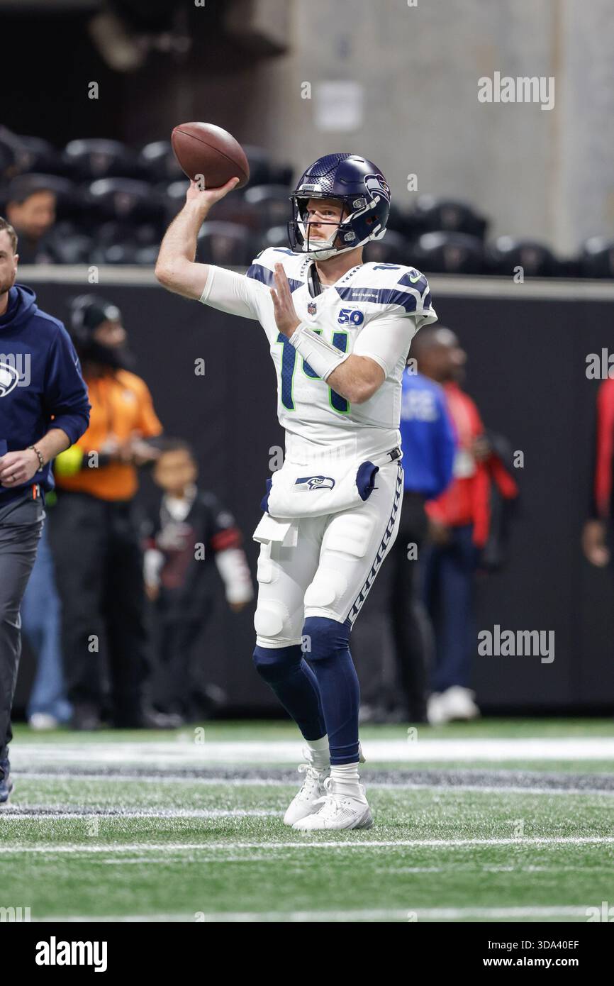 Seattle Seahawks quarterback Sam Darnold (14) warms up prior to an NFL ...