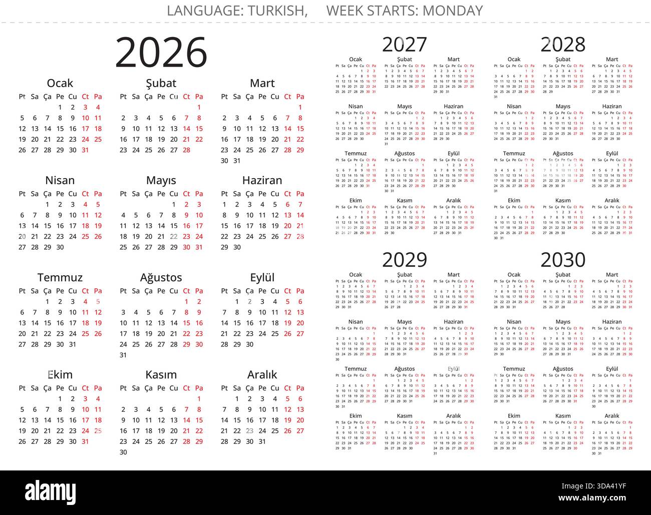 2026, 2027, 2028, 2029, 2030 year turkish simple calendars. Vector ...