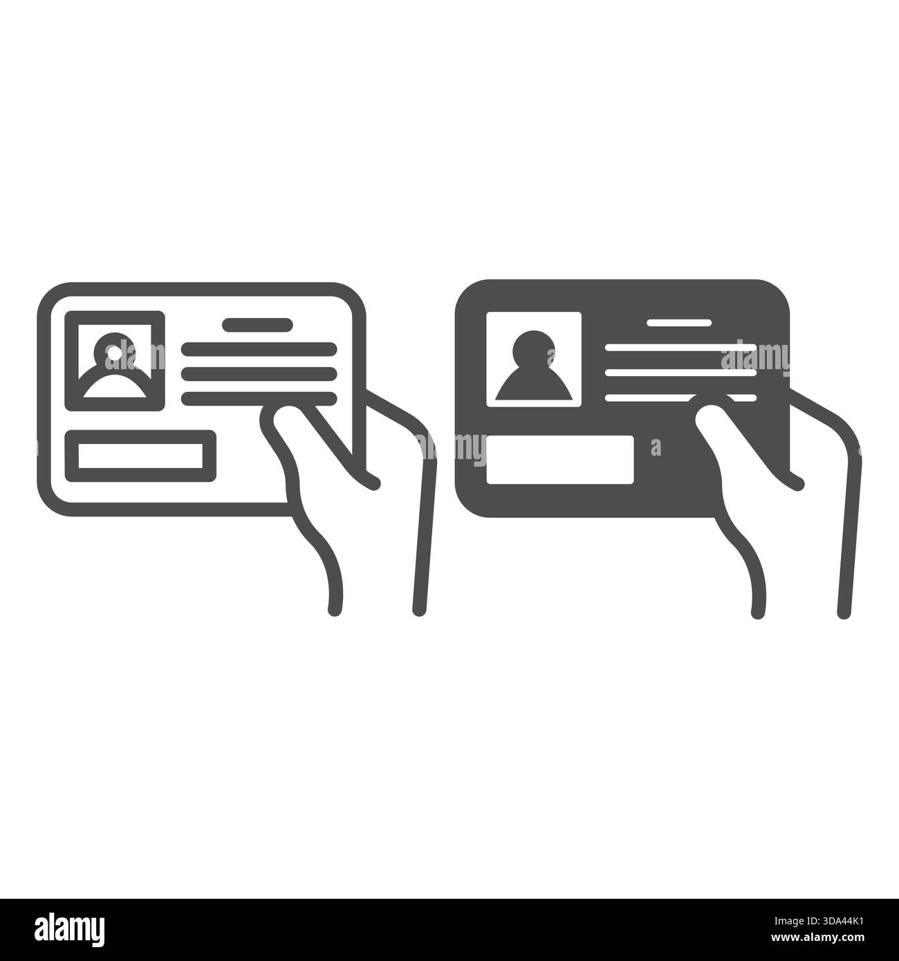 Hand with identity badge line and solid icon, learners permit concept ...
