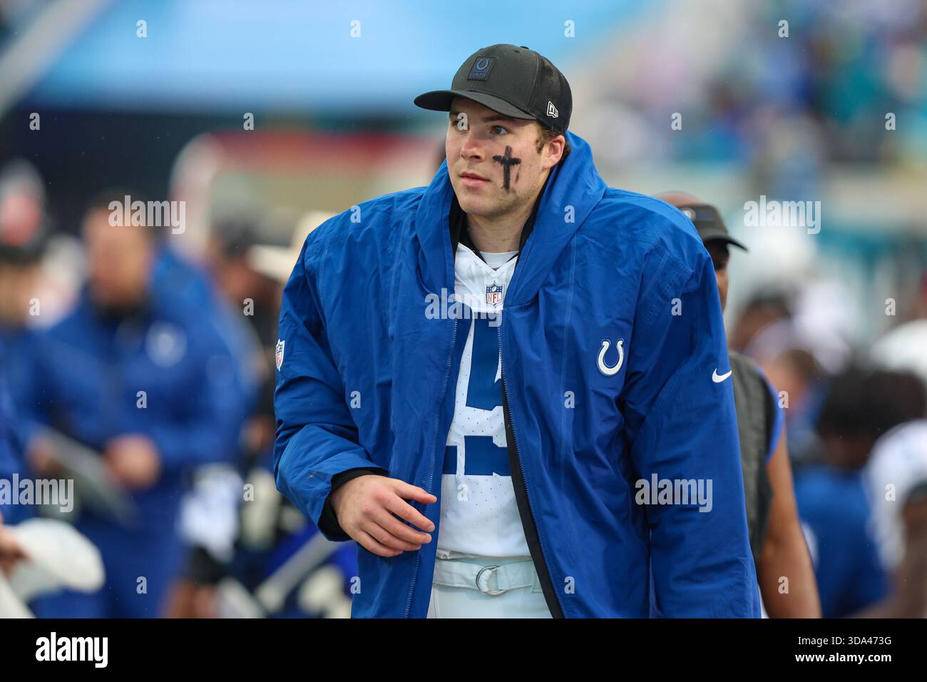 Indianapolis Colts quarterback Riley Leonard (15) walks the sideline during an NFL football game ...