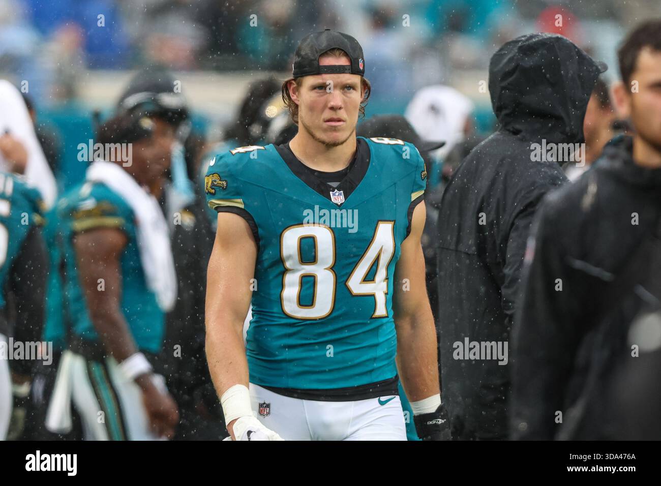 Jacksonville Jaguars tight end Hunter Long (84) walks the sideline ...