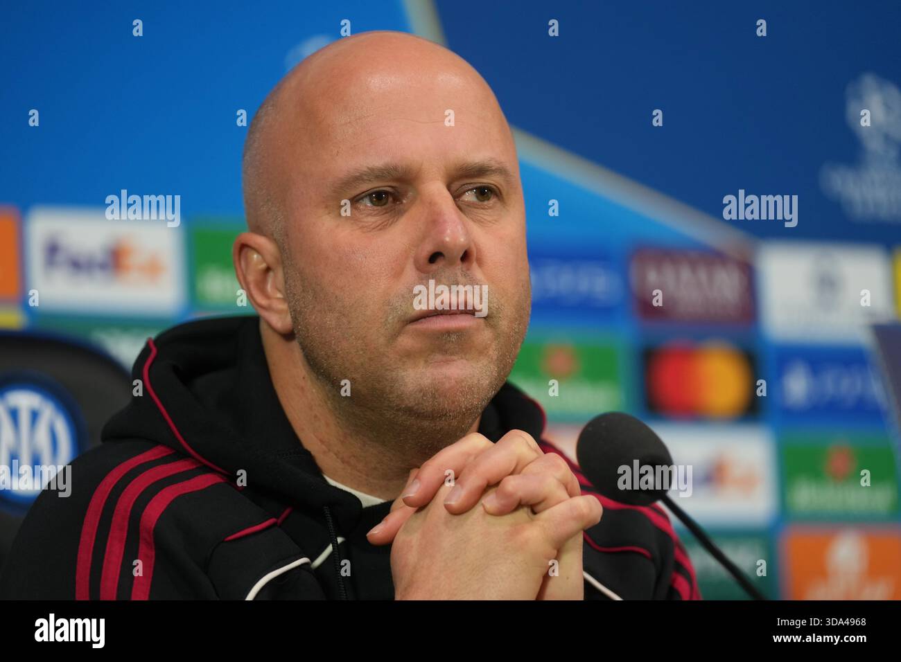 Liverpool's manager Arne Slot speaks during a press conference in Milan ...