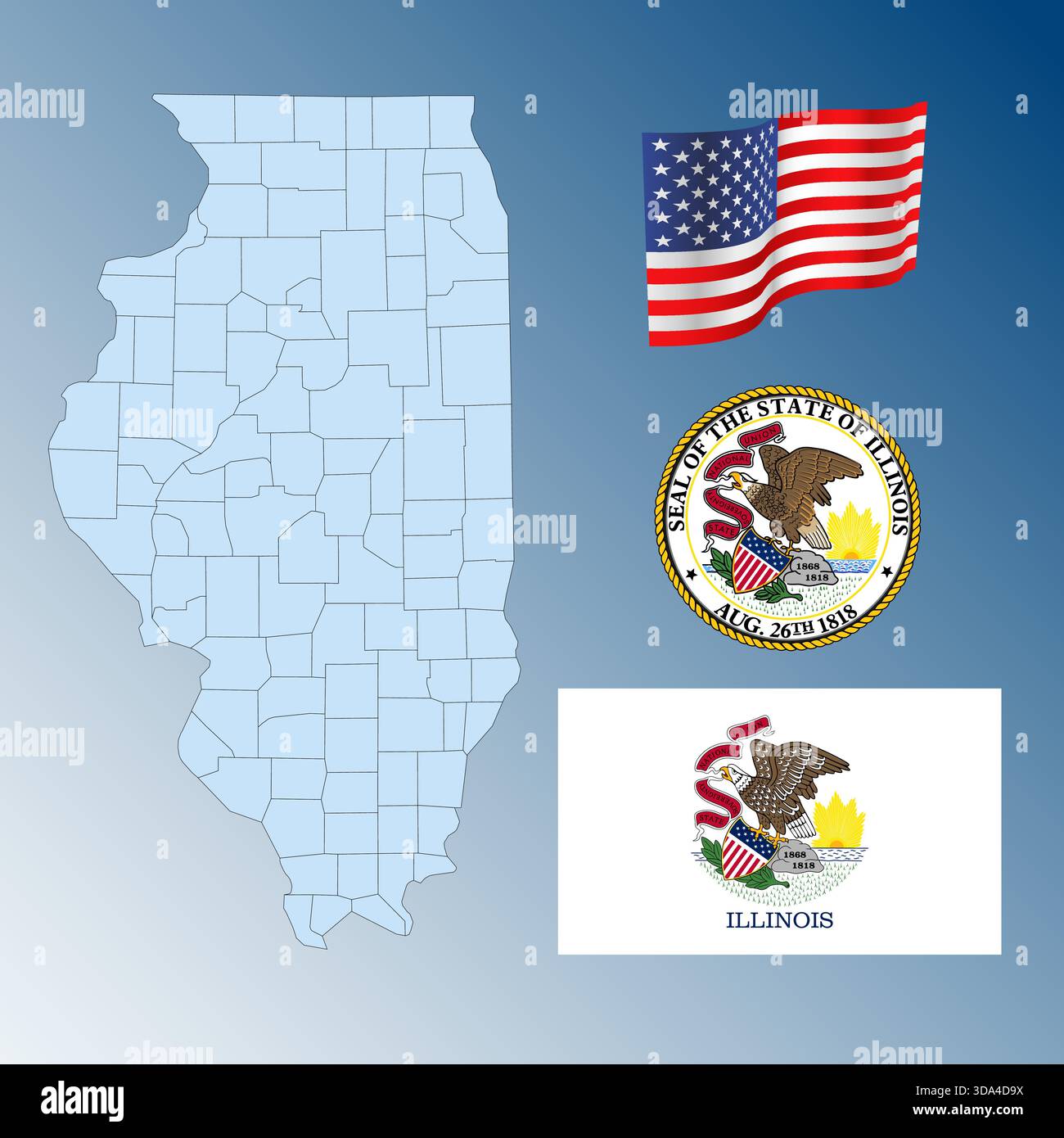 Illinois US federal state waving flag, seal and map, United States ...