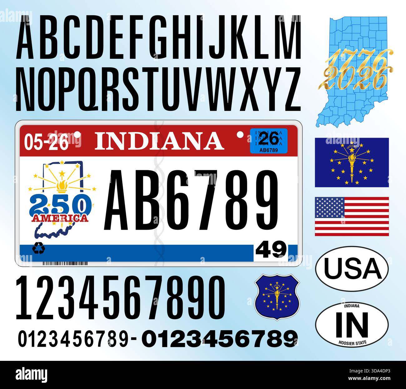Indiana car license plate pattern 250th anniversary 2026, letters ...