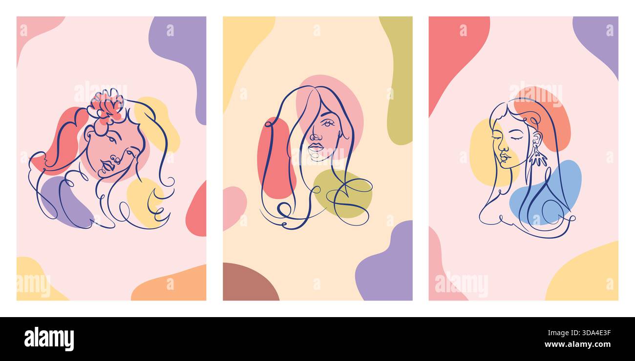 Set of three card designs with women faces made with one calligraphic ...