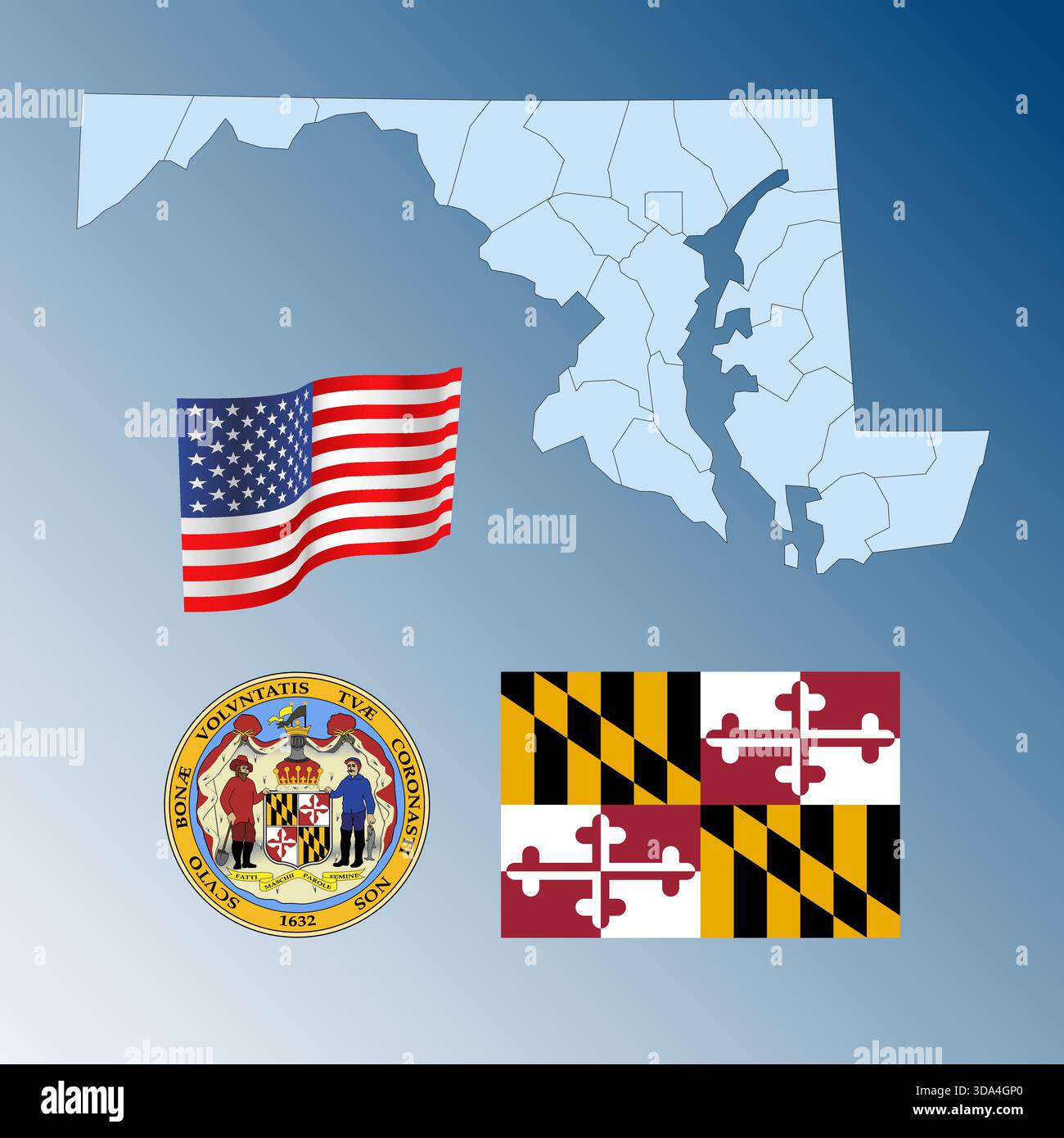 Maryland US federal state waving flag, seal and map, United States ...