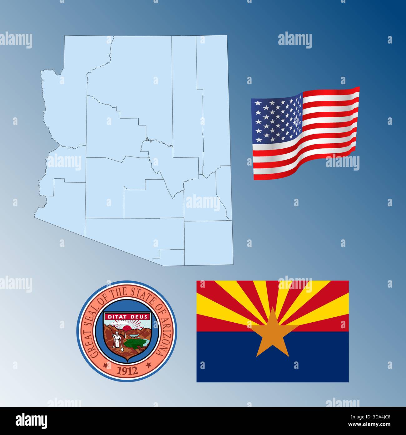 Arizona US federal state waving flag, seal and map, United States ...