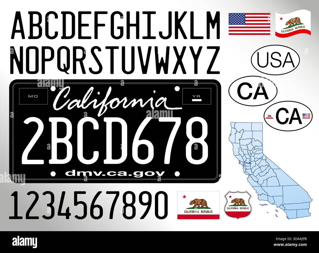 California state car license plate, blackout style, letters, numbers ...