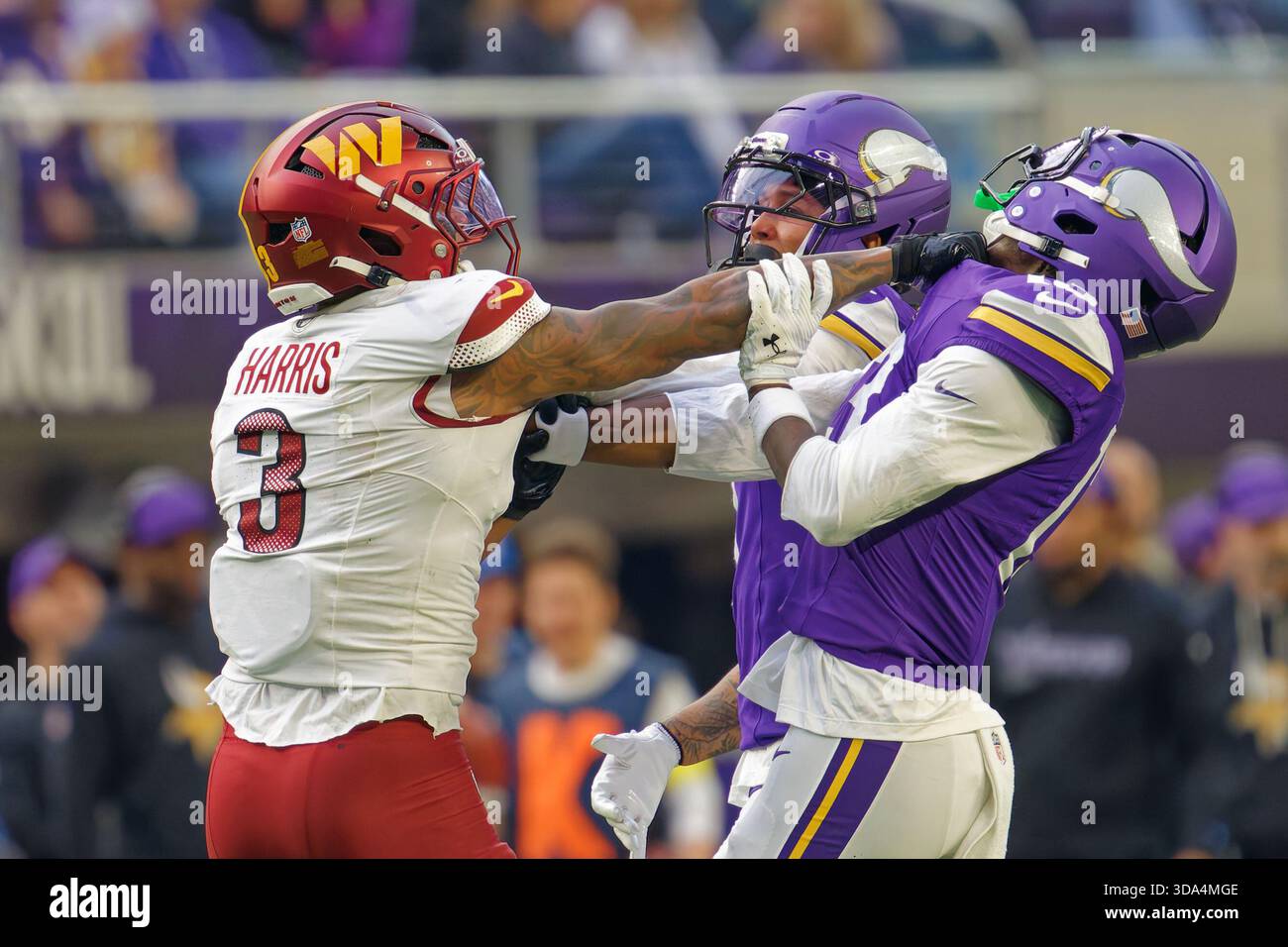 Washington Commanders Safety Will Harris (3) and Minnesota Vikings Wide ...