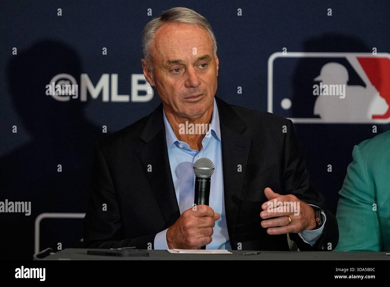 Rob Manfred, commissioner of MLB answers questions during a news ...