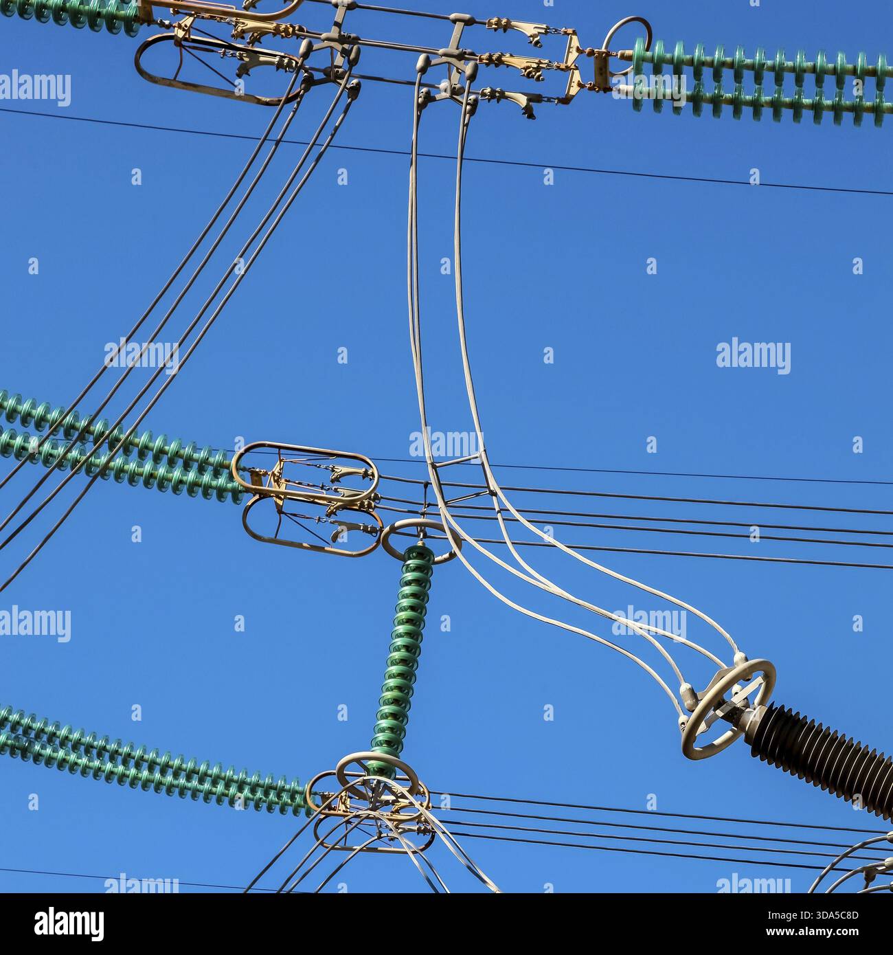 High Voltage Industrial sized electrical power lines at a distribution ...