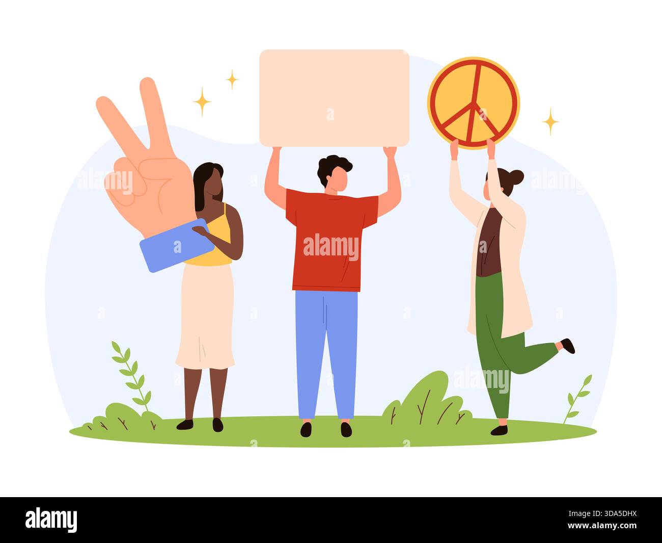 Group of diverse people holding peace sign, blank placard, and making ...