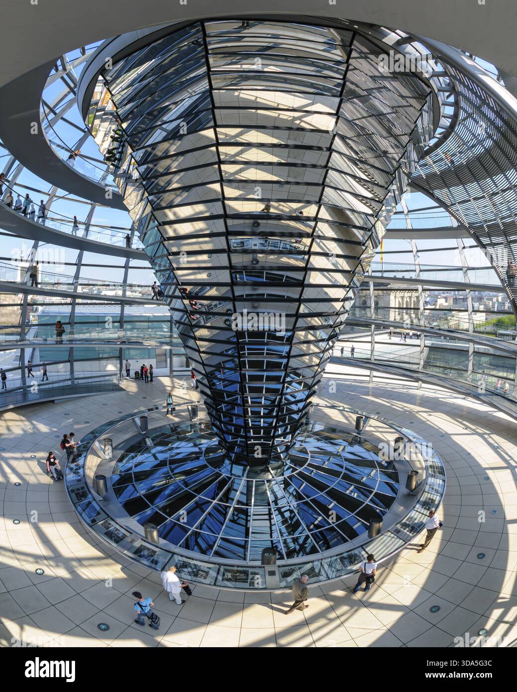 Interior view with fisheye effect of the glass dome of the Reichstag ...