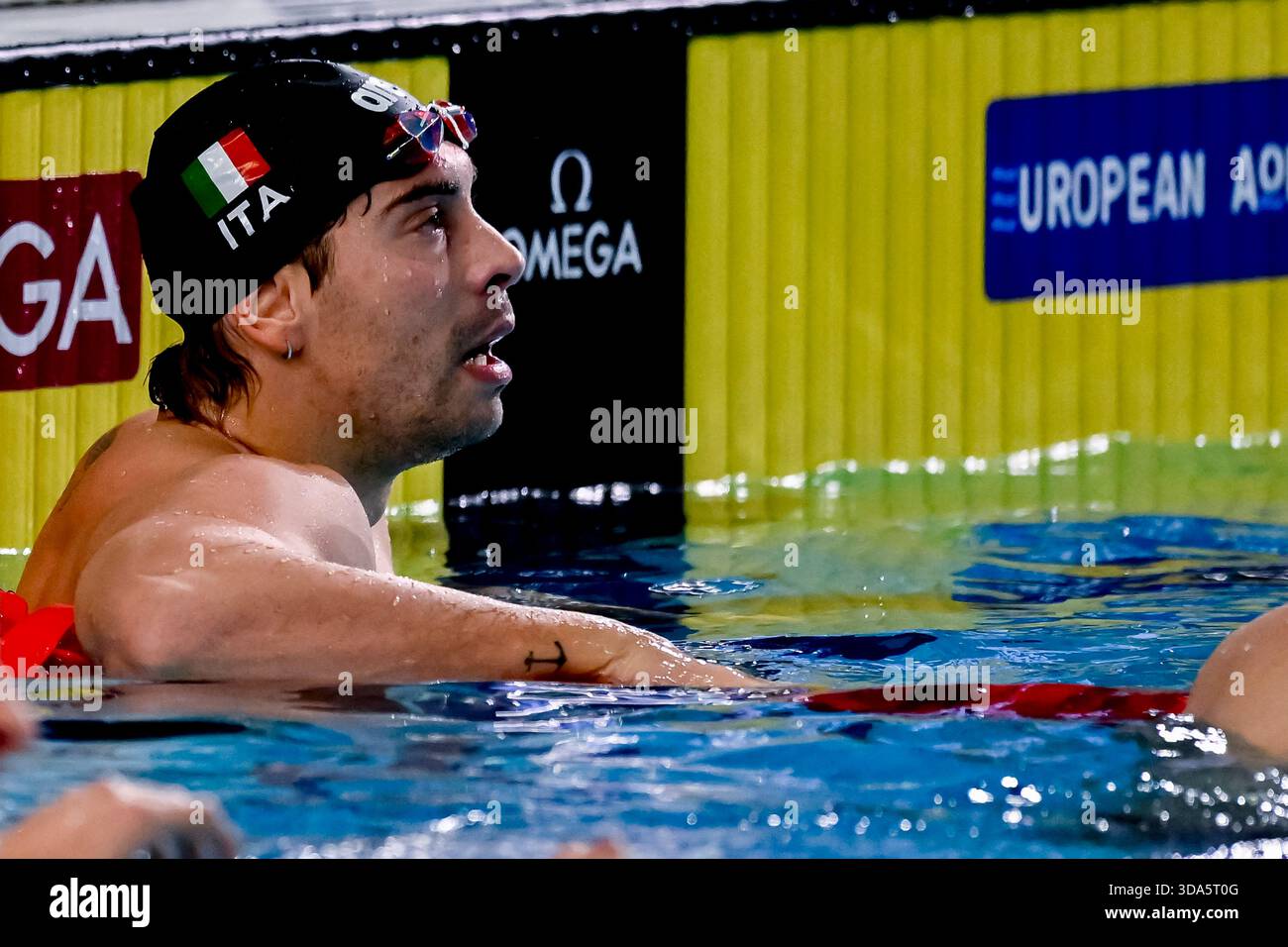 Manuel Frigo of Italy reacts after competing in the 100m. Freestyle Men ...