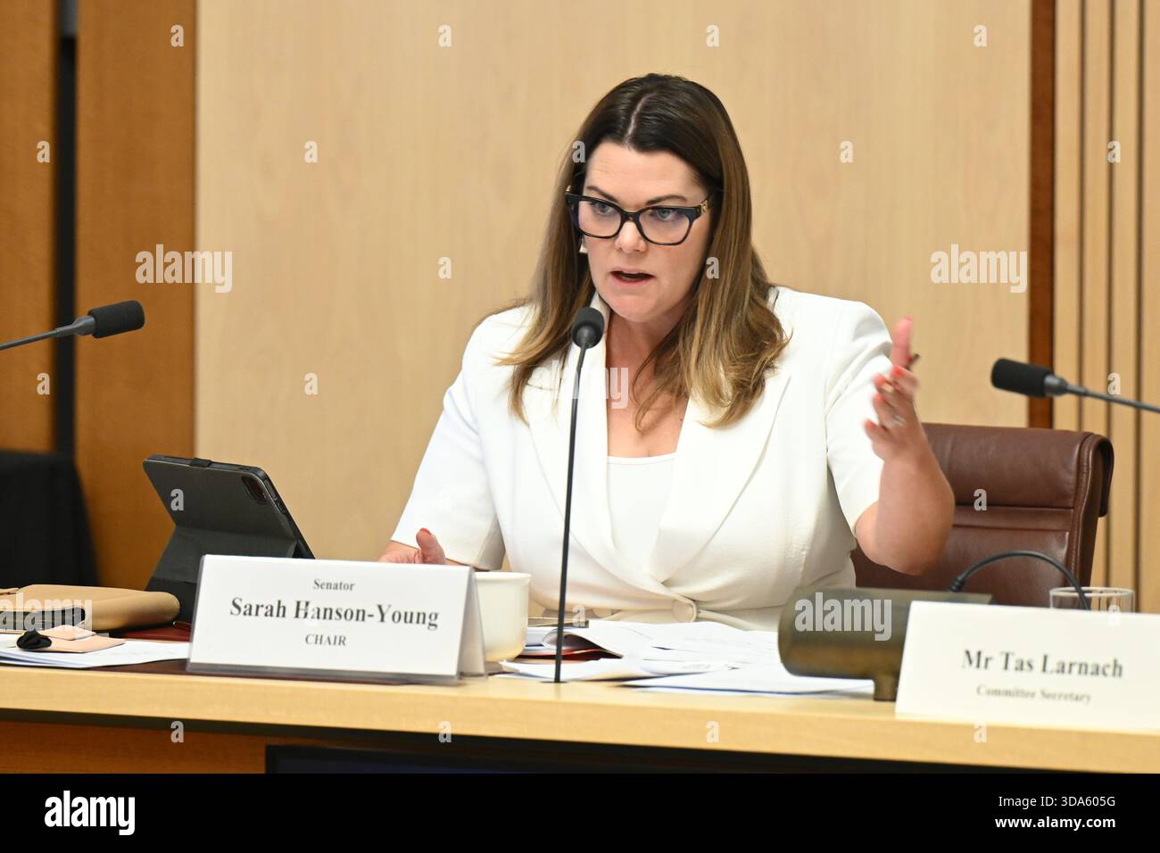 Senator Sarah Hanson-Young speaks to Telstra CEO Vicki Brady during the ...