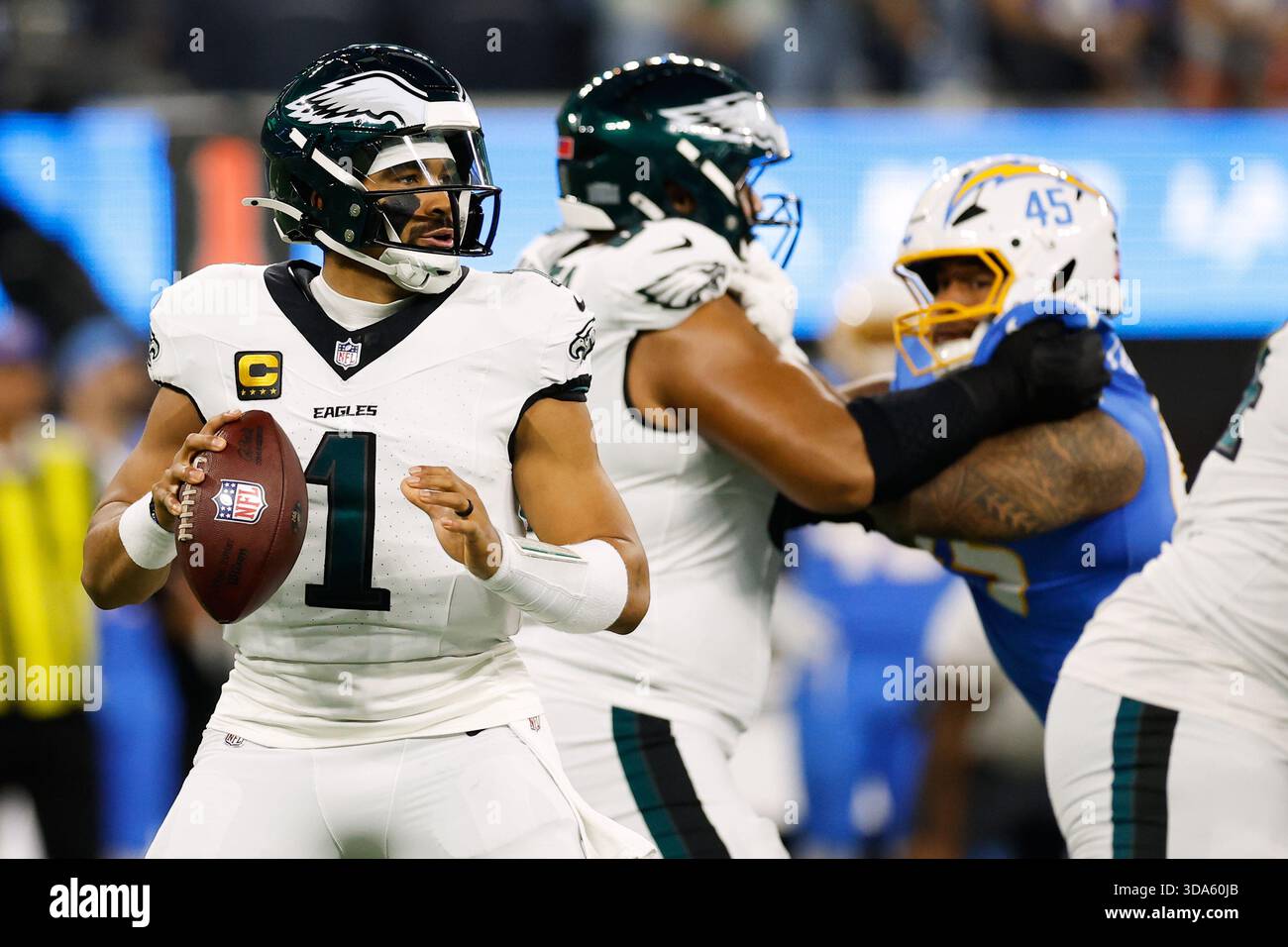 Philadelphia Eagles quarterback Jalen Hurts (1) prepares to throw a ...