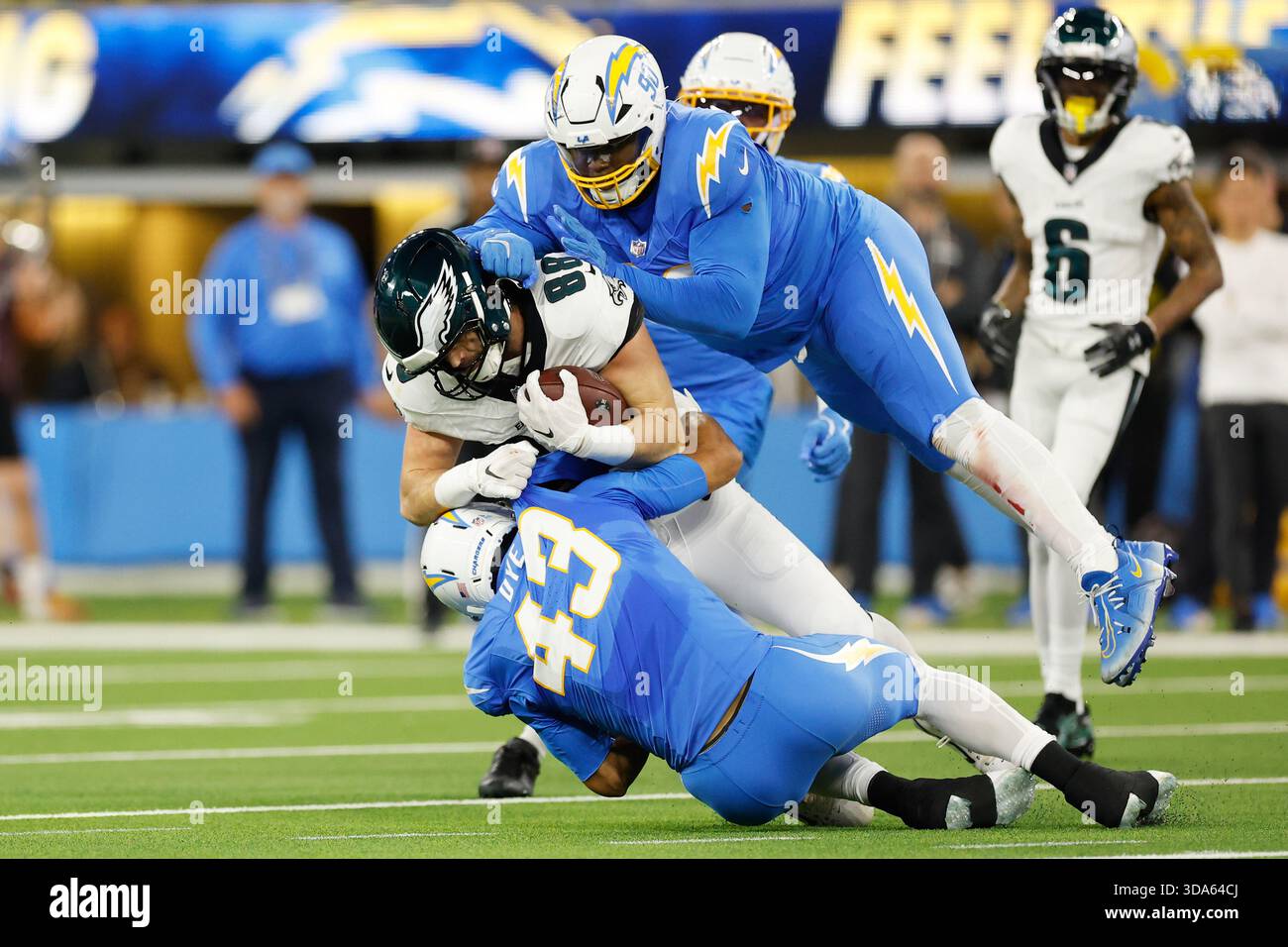 Philadelphia Eagles tight end Dallas Goedert (88) is tackled by Los ...