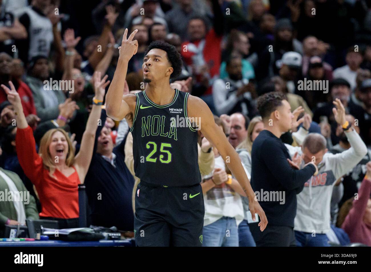 New Orleans Pelicans forward Trey Murphy III (25) reacts after a three ...
