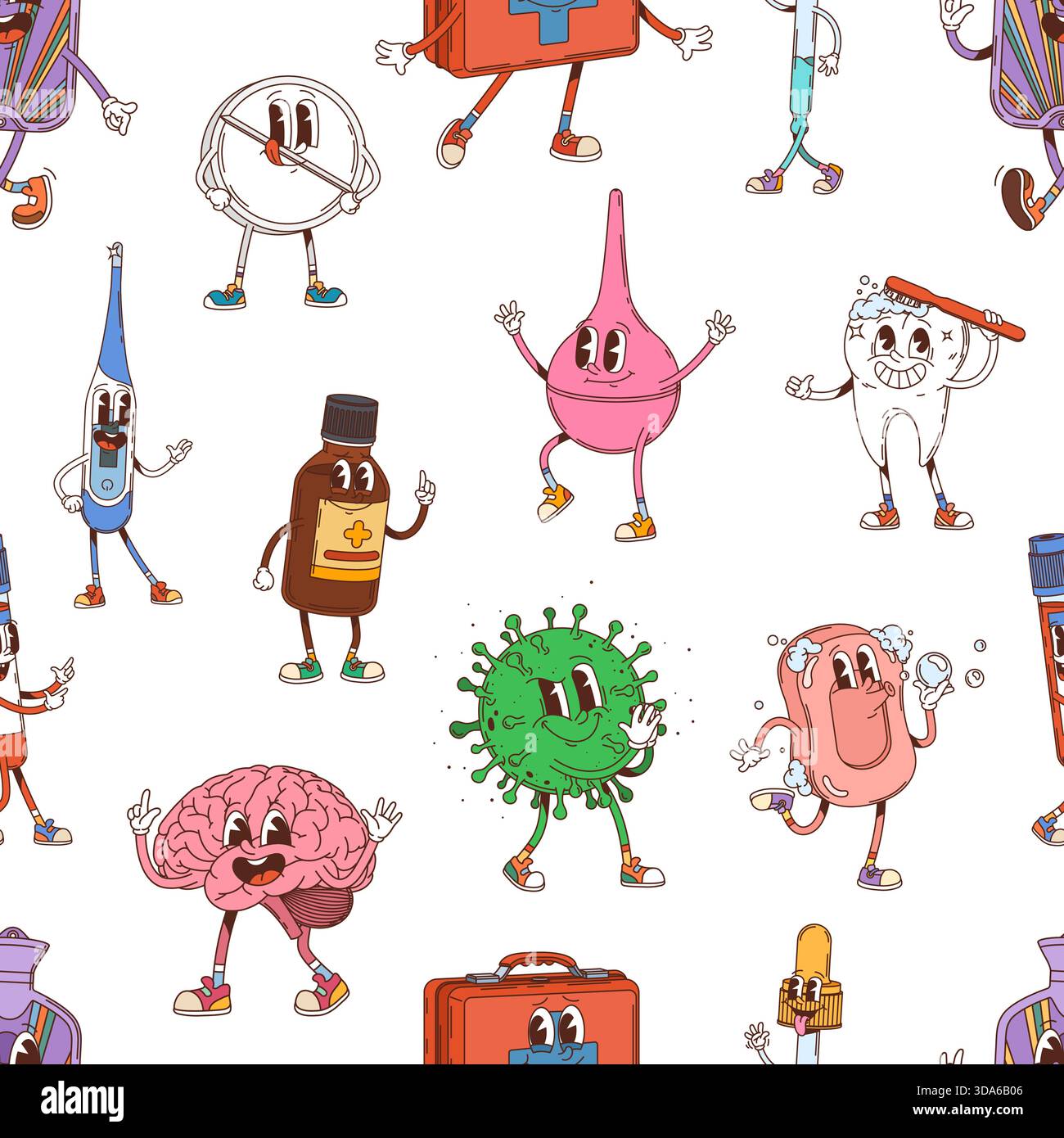 Groovy medicine characters seamless pattern. Vector tile background ...