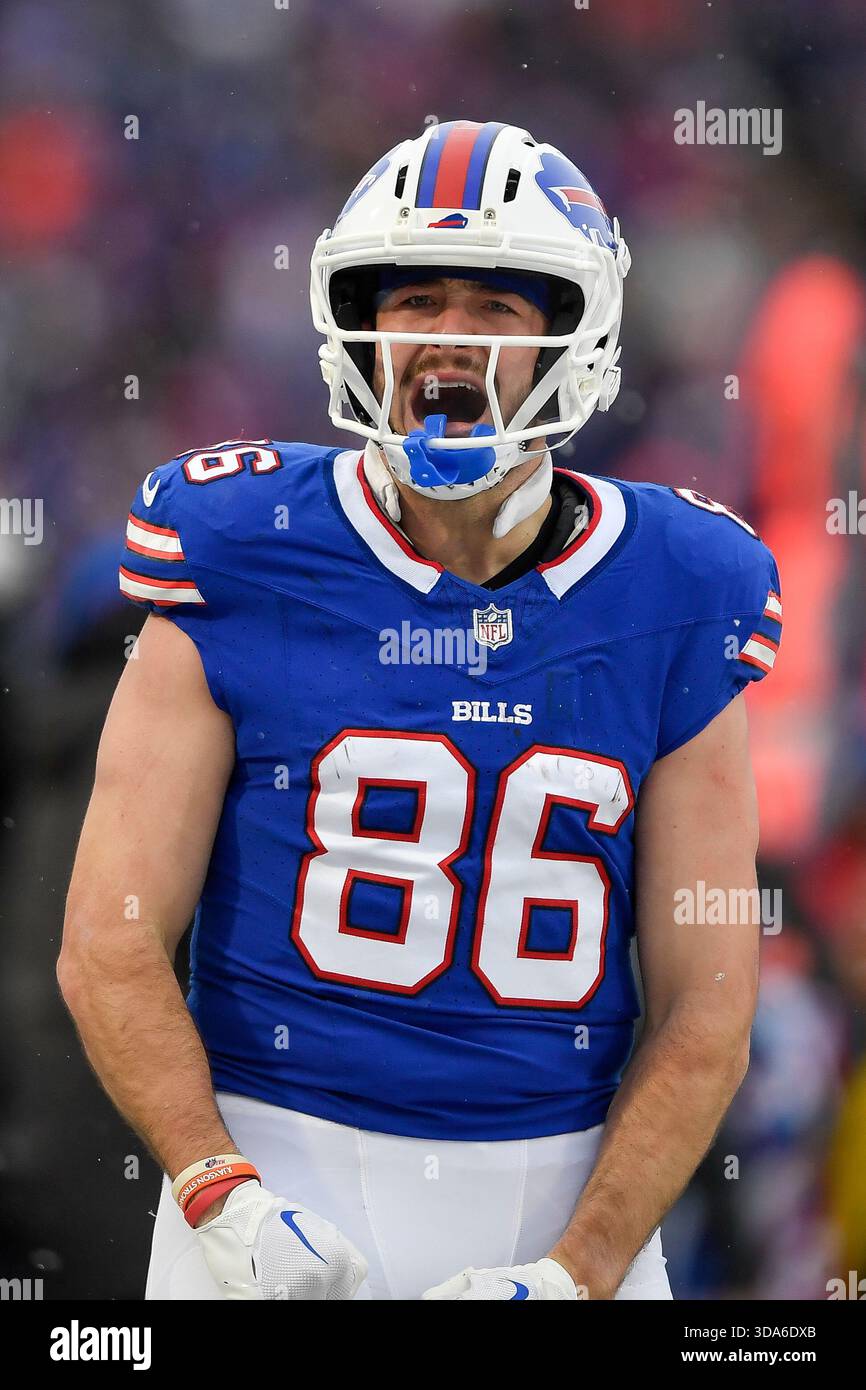 Buffalo Bills tight end Dalton Kincaid (86) reacts during the second ...