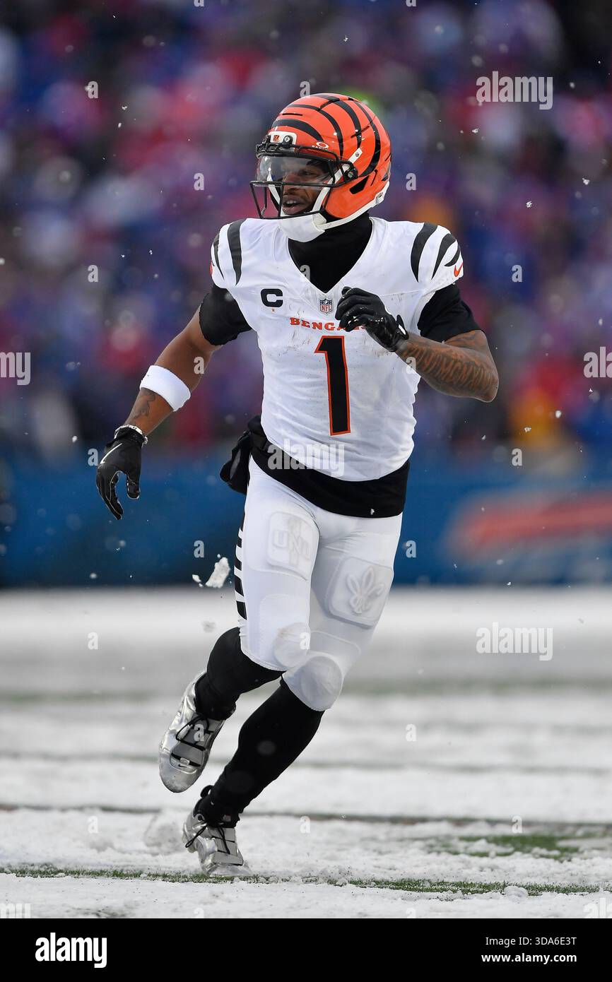 Cincinnati Bengals wide receiver Ja'Marr Chase (1) runs on the field ...