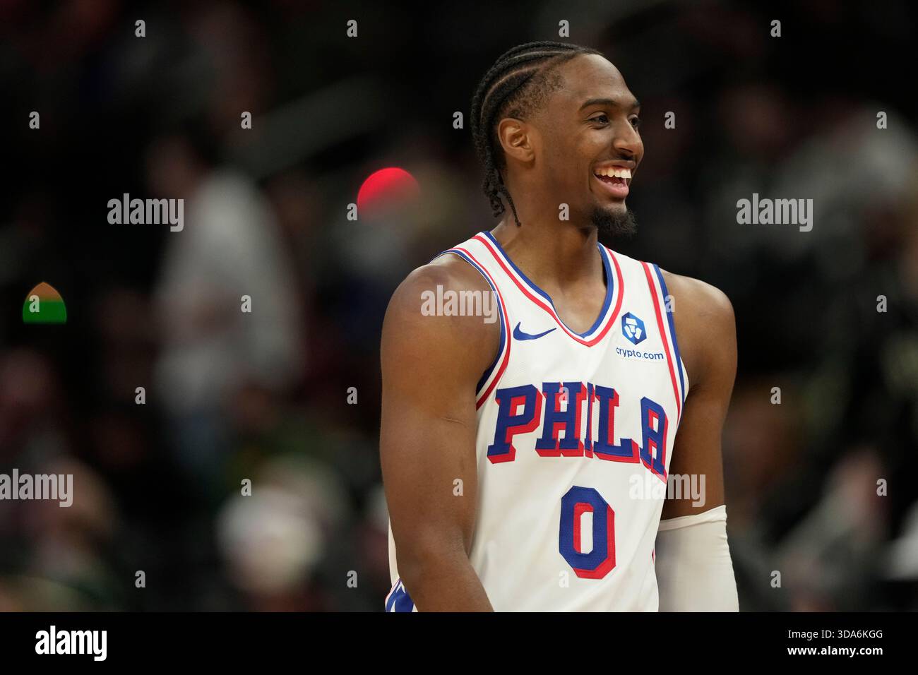 Philadelphia 76ers' Tyrese Maxey smiles during an NBA basketball game ...