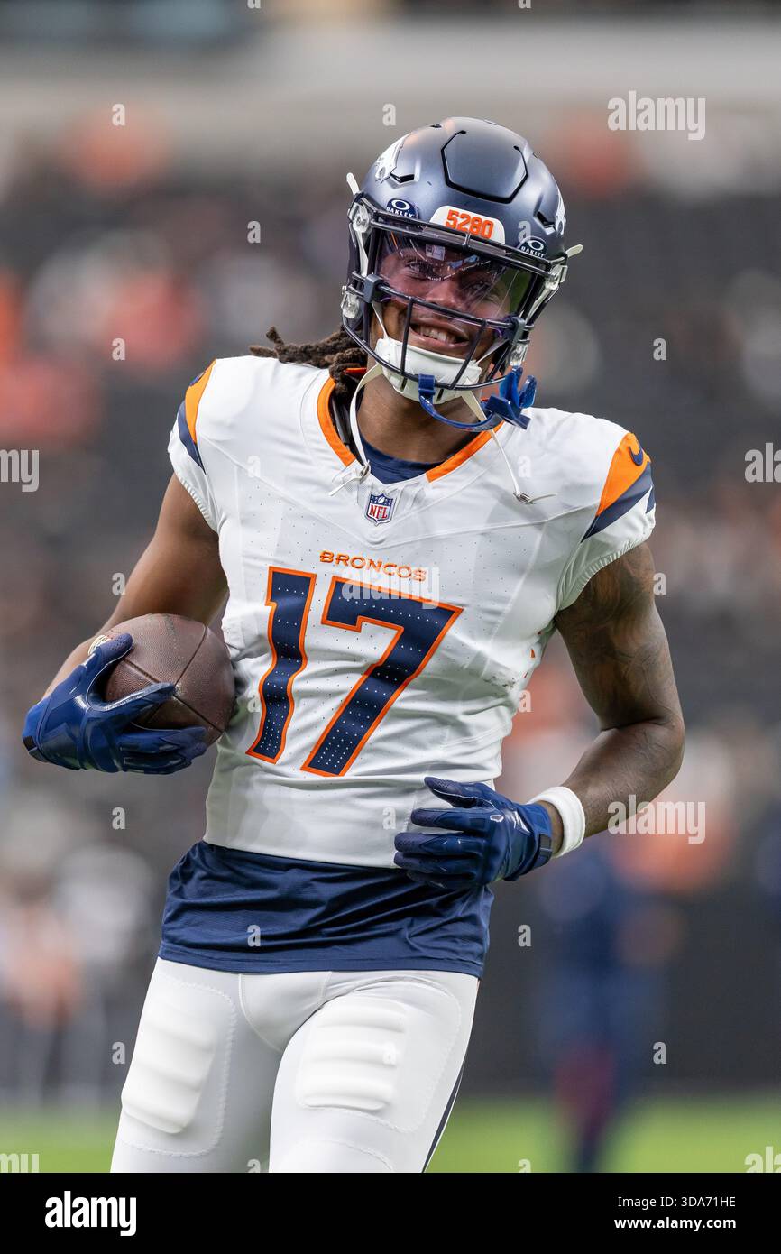 Denver Broncos wide receiver Lil'Jordan Humphrey (17) warms up before ...